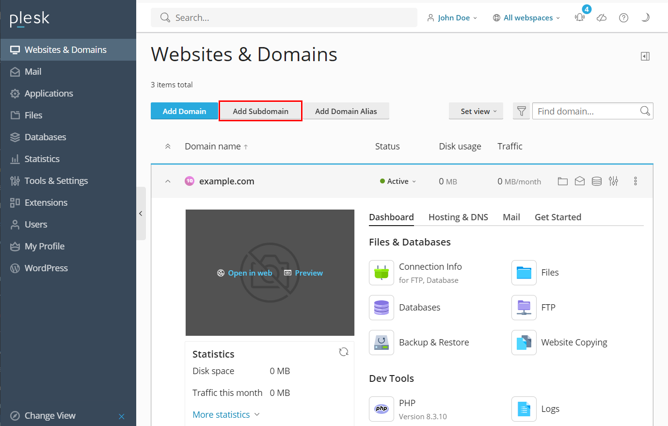 Hinzufügen von Subdomains | Plesk Obsidian documentation