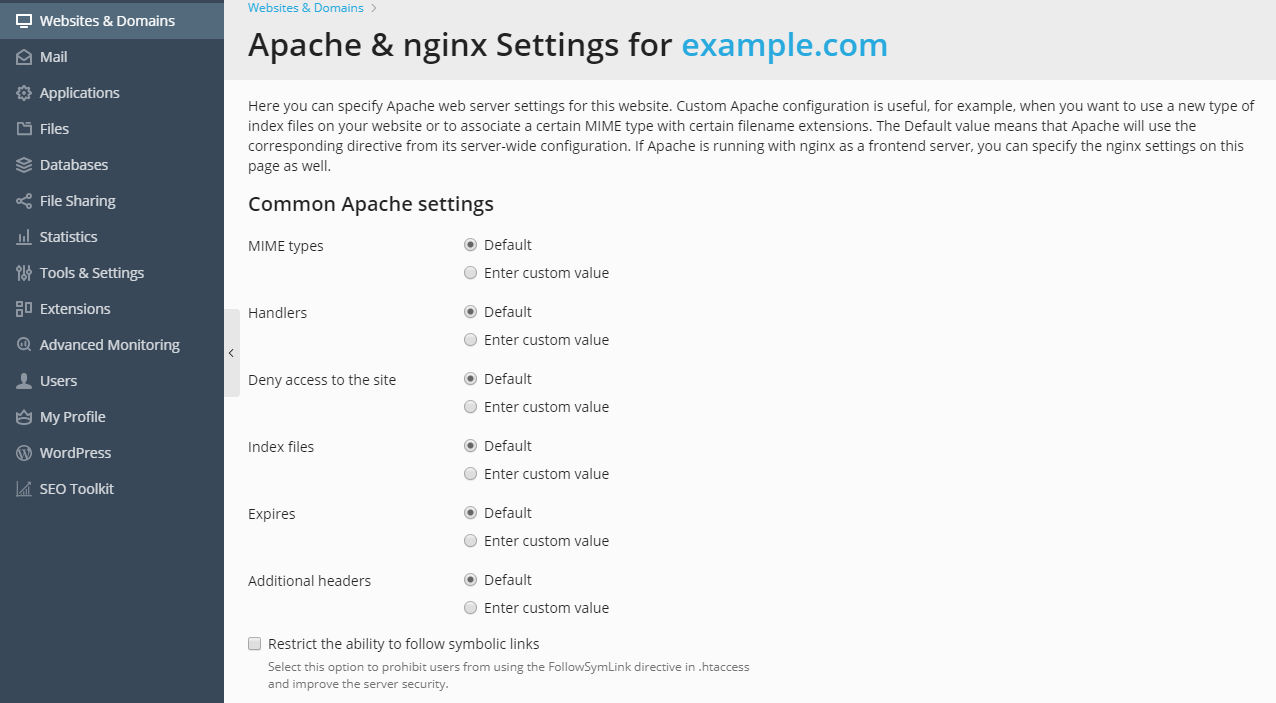 Einstellungen für Apache und nginx | Plesk Obsidian documentation
