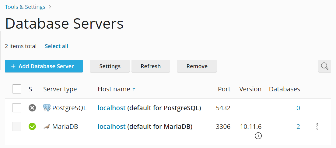 Adding And Removing Database Servers Plesk Obsidian Documentation
