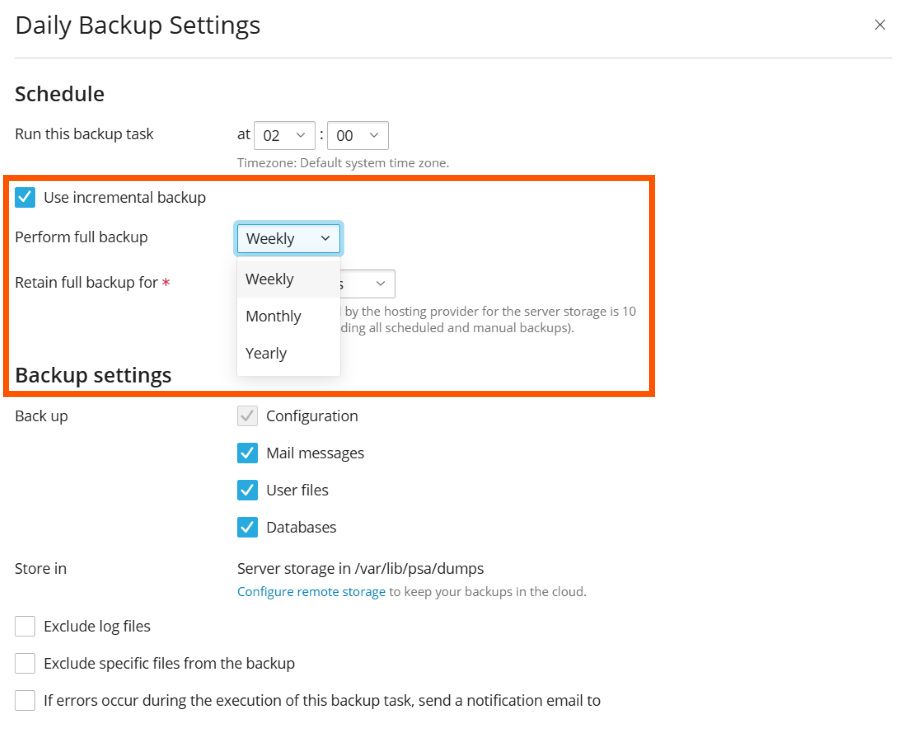Incremental Backup Plesk Obsidian Documentation