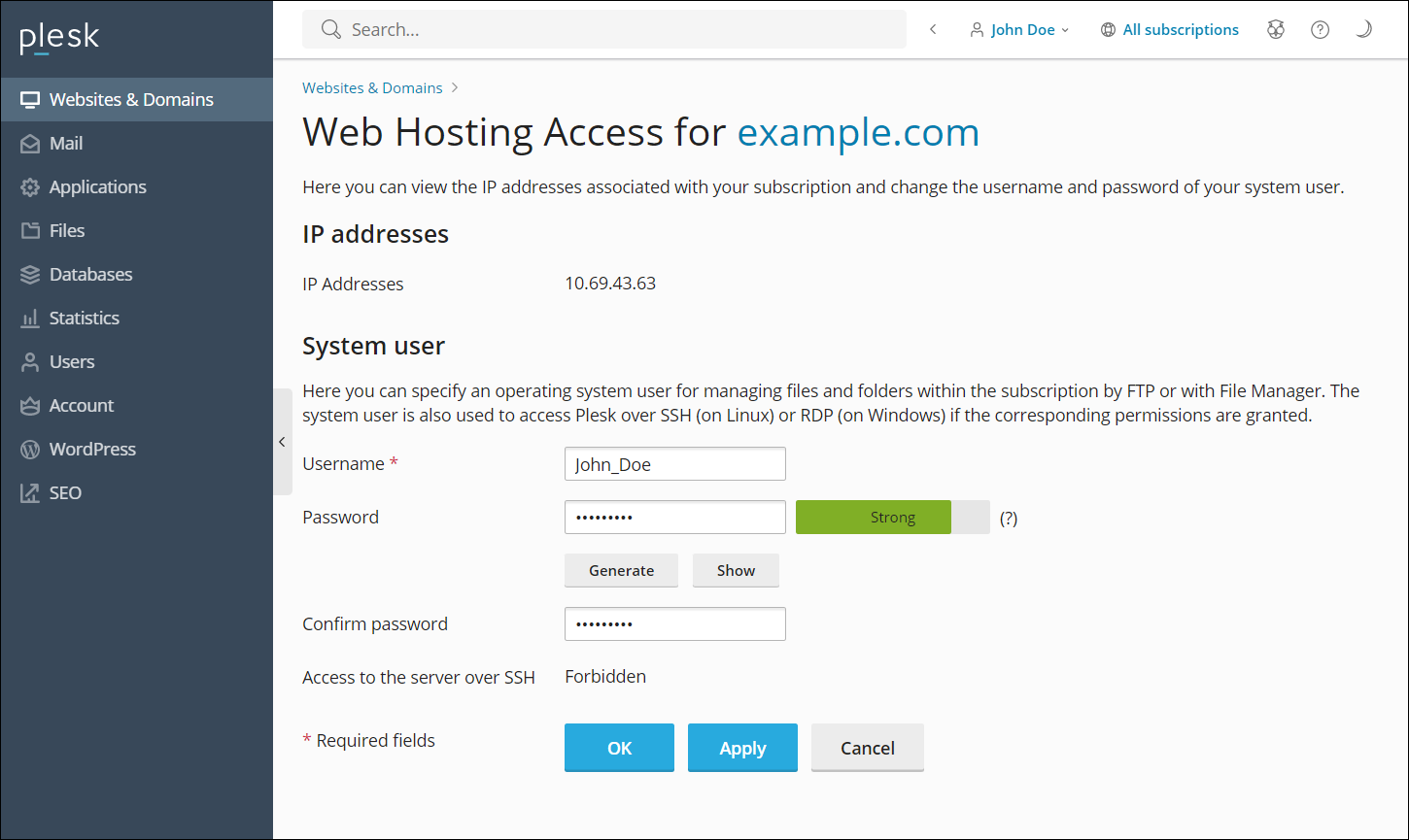 Changing FTP Access Credentials | Plesk Obsidian documentation