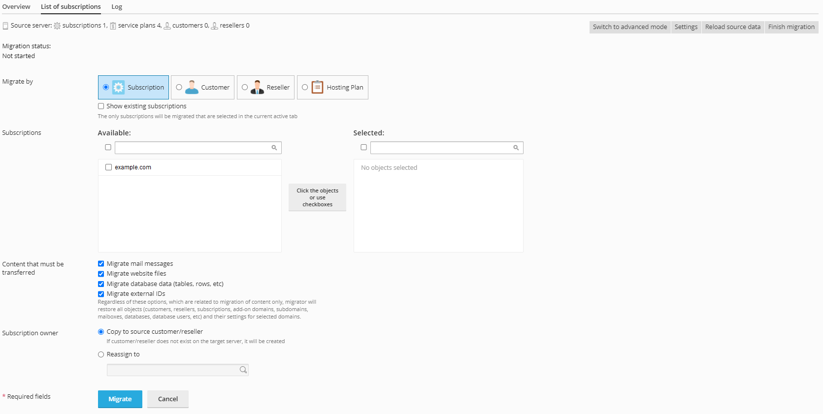 Migrating Via The Plesk Interface Plesk Obsidian Documentation