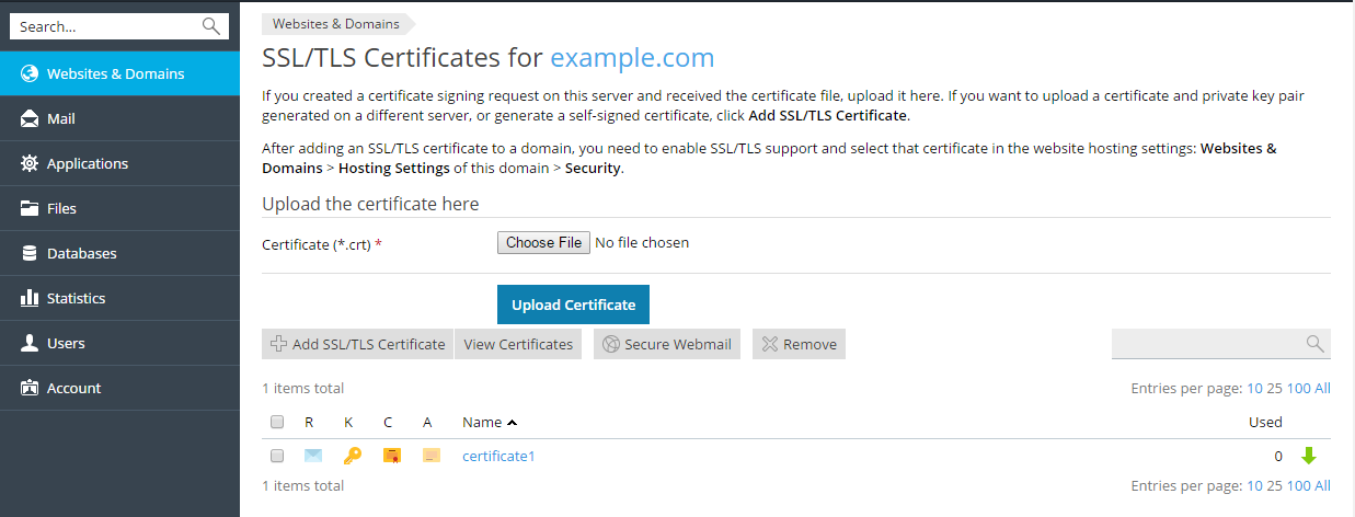 Securing Connections With Ssl Tls Certificates Plesk Onyx Documentation