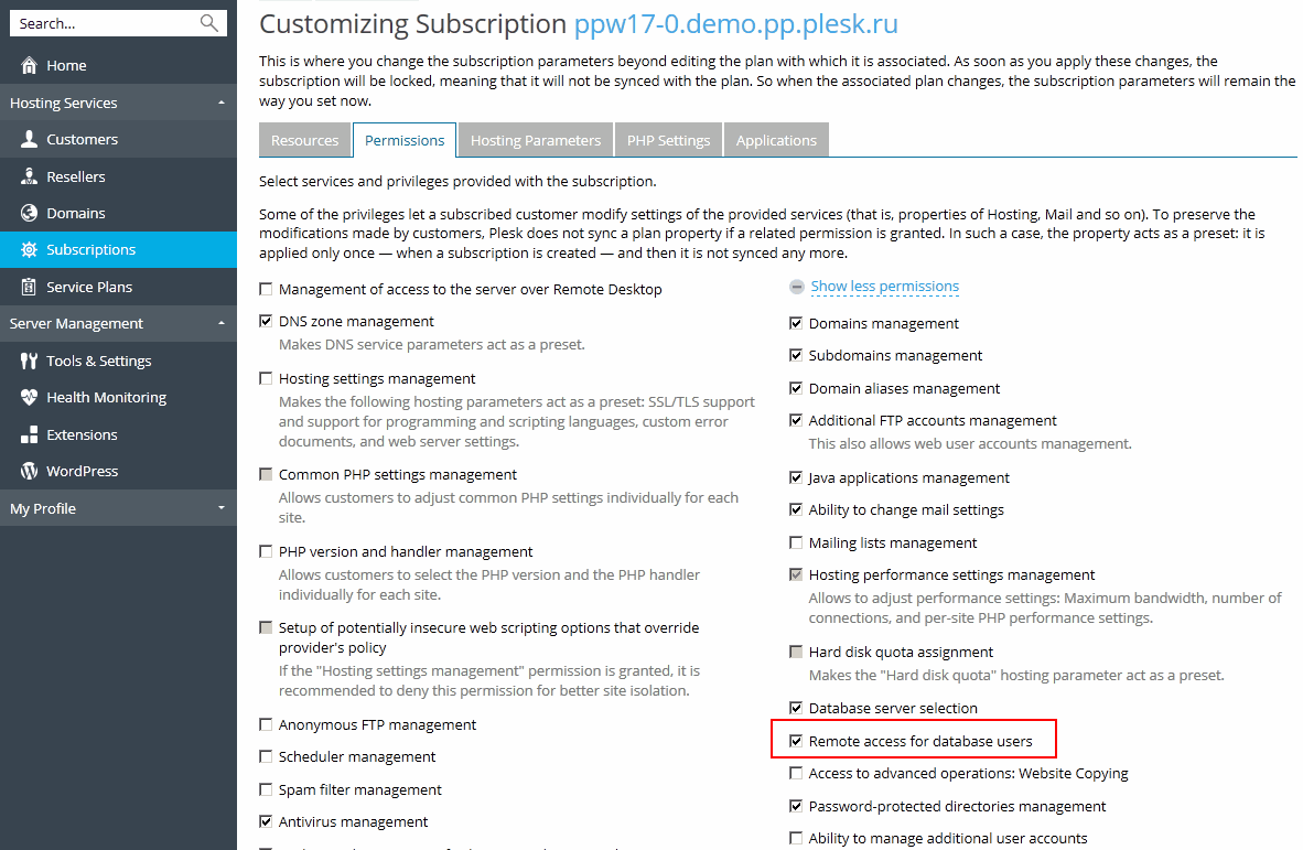 Remote Access To Databases Plesk Onyx Documentation