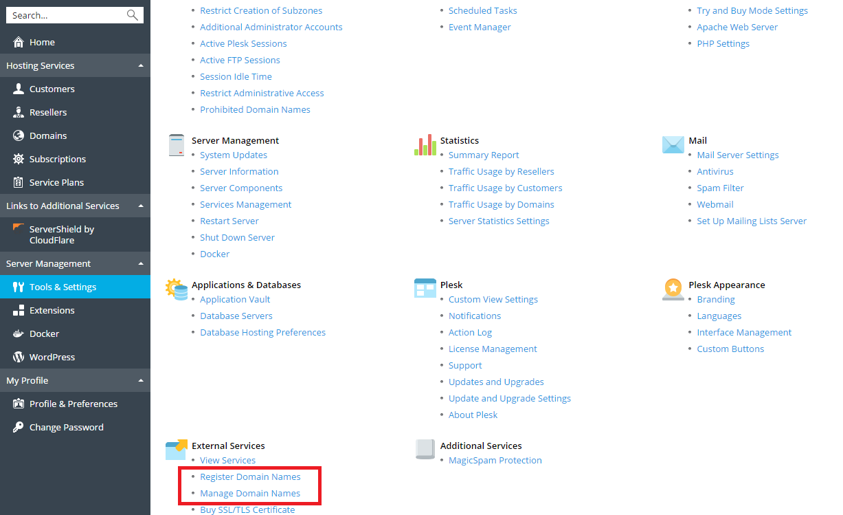 Location of Domain Registration and Domain Management Buttons | Plesk Onyx documentation