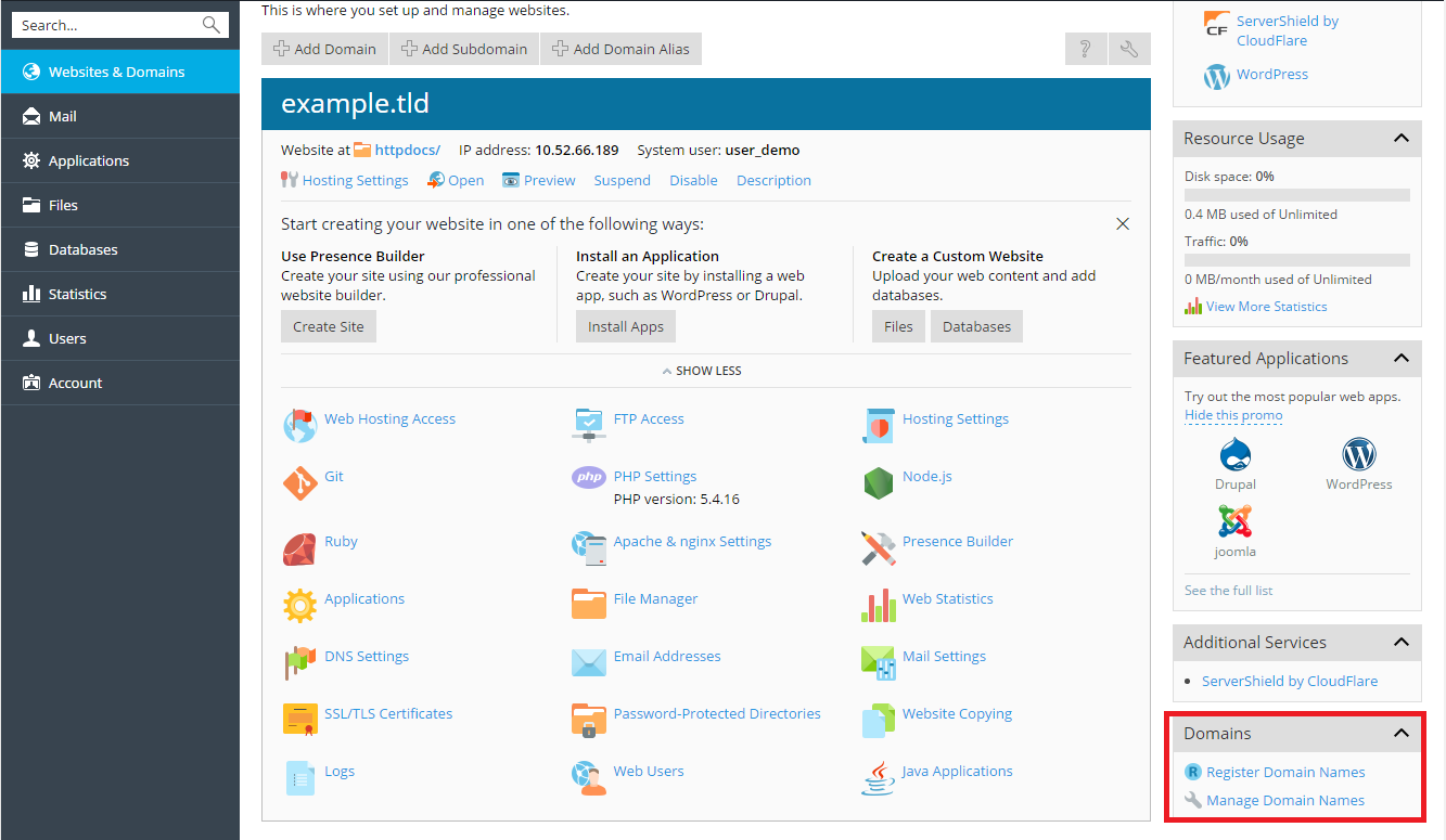 Location of Domain Registration and Domain Management Buttons | Plesk Onyx documentation