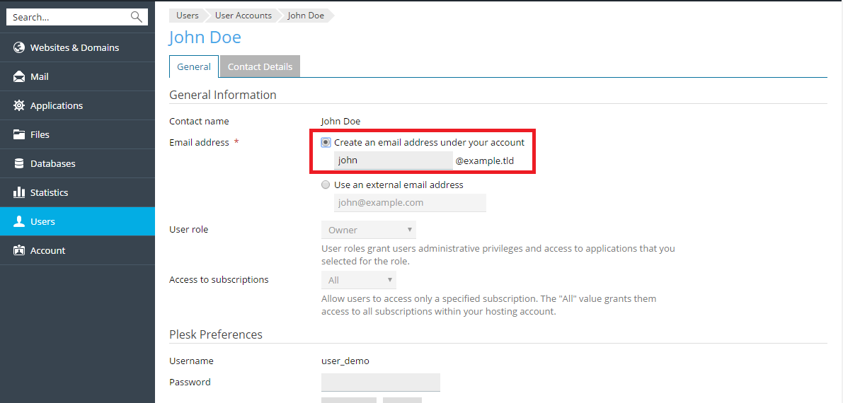 Location of the Mail Service Controls | Plesk Onyx documentation