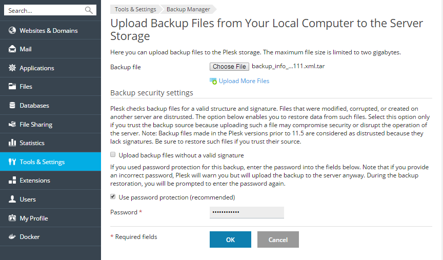 Uploading Backup Files To Server Plesk Onyx Documentation