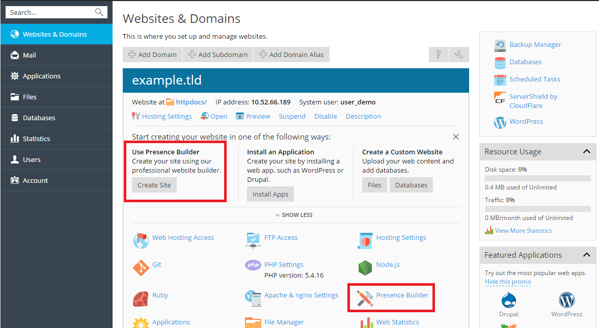 Ubicación de los botones de Presence Builder | Plesk Onyx documentation