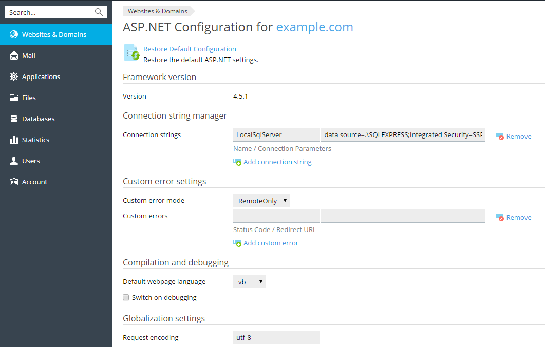 Configuración de ASP.NET (Windows) | Plesk Onyx documentation
