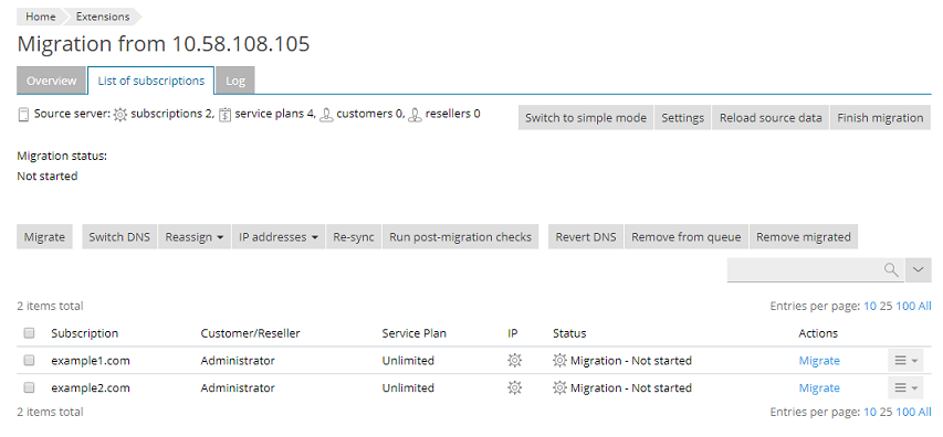 Modo de migración avanzada | Plesk Onyx documentation