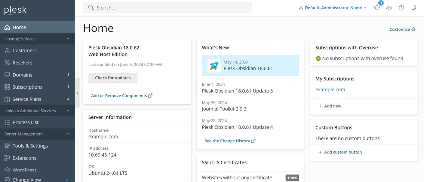 ホーム画面をカスタマイズする | Plesk Obsidian documentation
